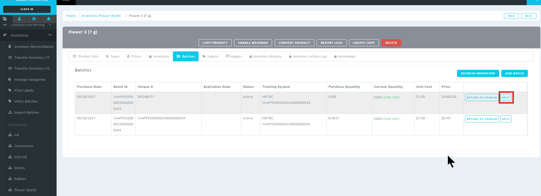 Retail | How to Split a Metrc Batch