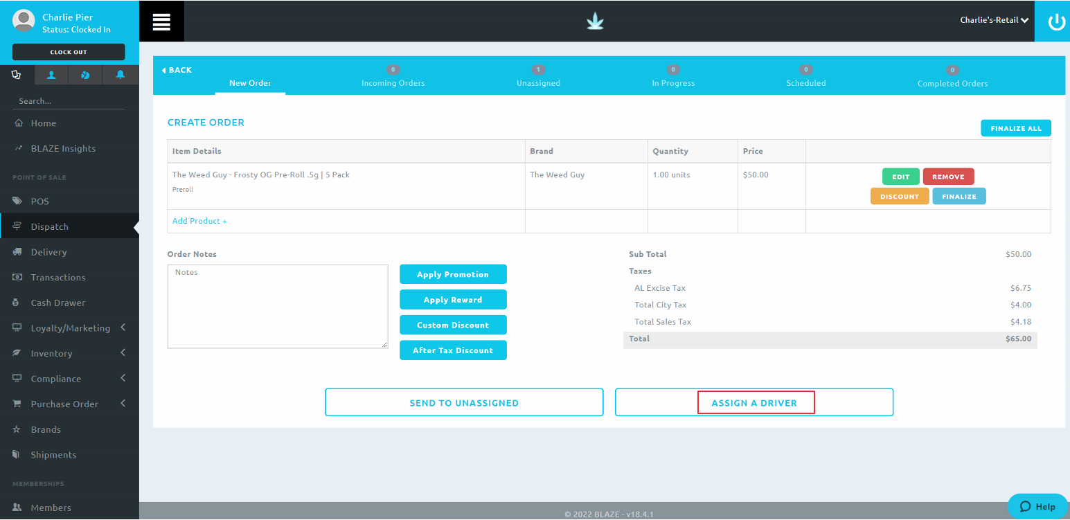 Retail | How do I assign an order to a driver in the BLAZE Delivery App?