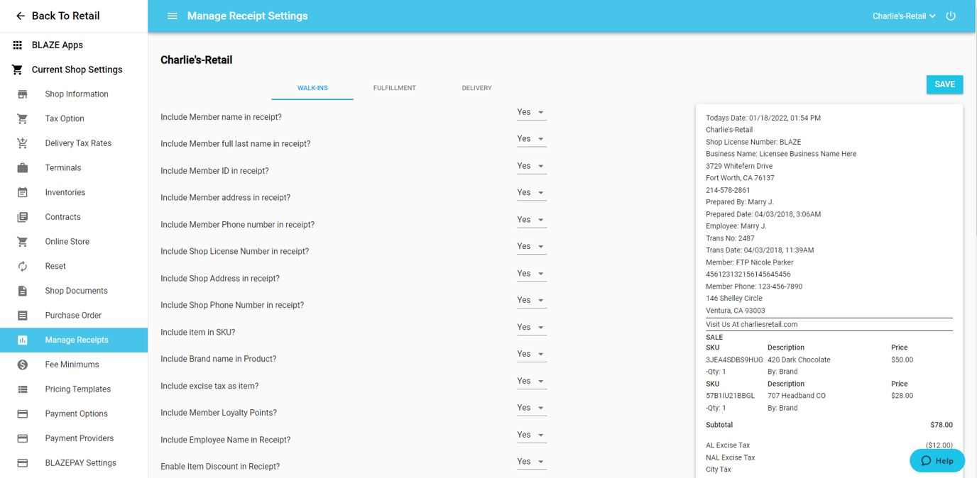 Retail | Manage Receipt Settings