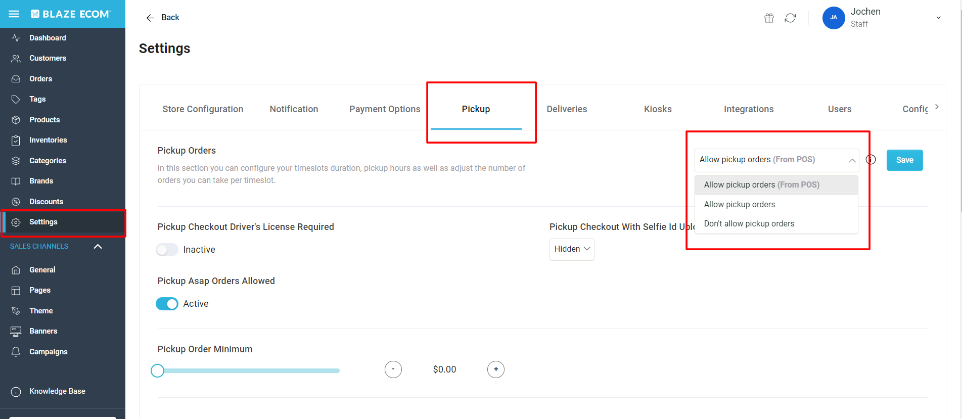 ECOM | Scheduled Pickup Order Settings