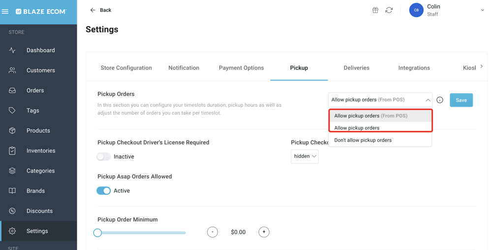 ECOM | Scheduled Pickup Order Settings