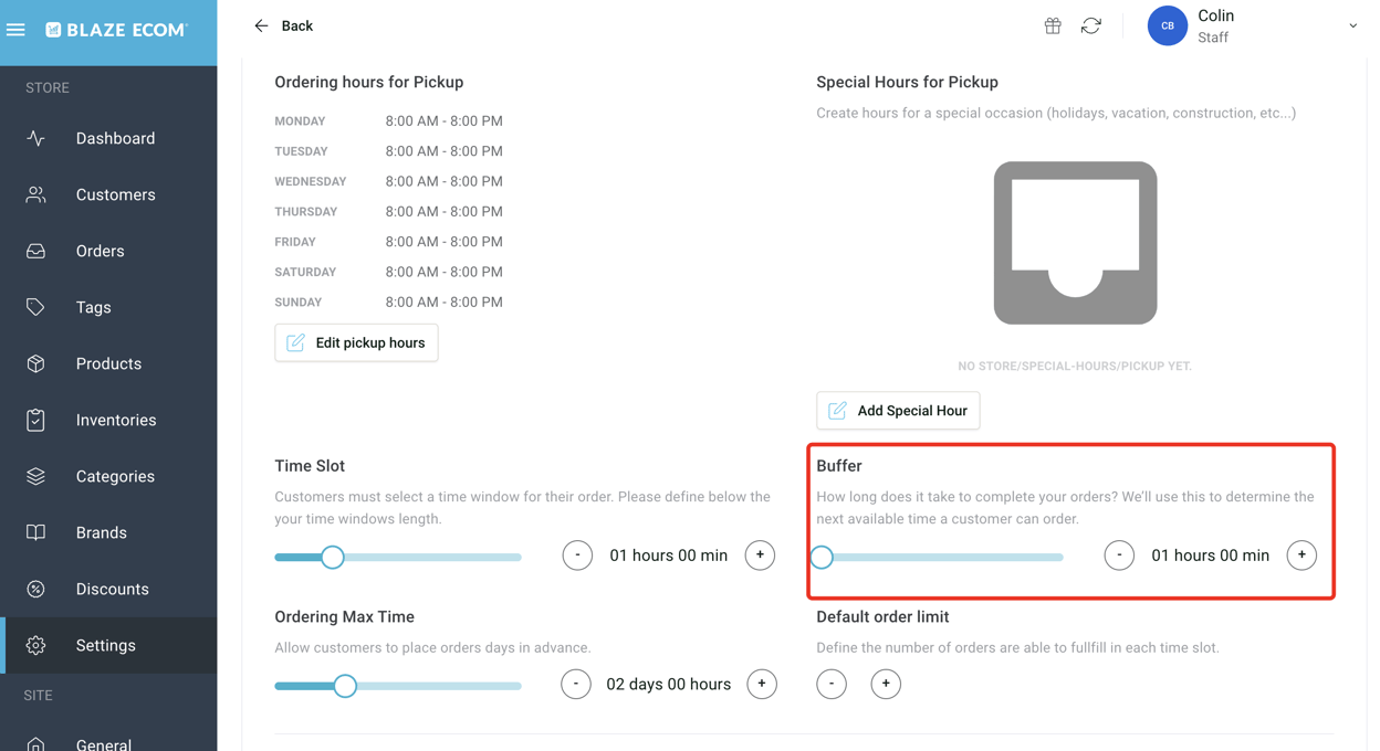 ECOM | Scheduled Pickup Order Settings